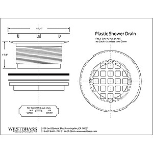 Westbrass A206P-62 2" No-Caulk PVC Compression Shower Drain with 4-1/4" Round Grid Cover, 1-Pack, Matte Black