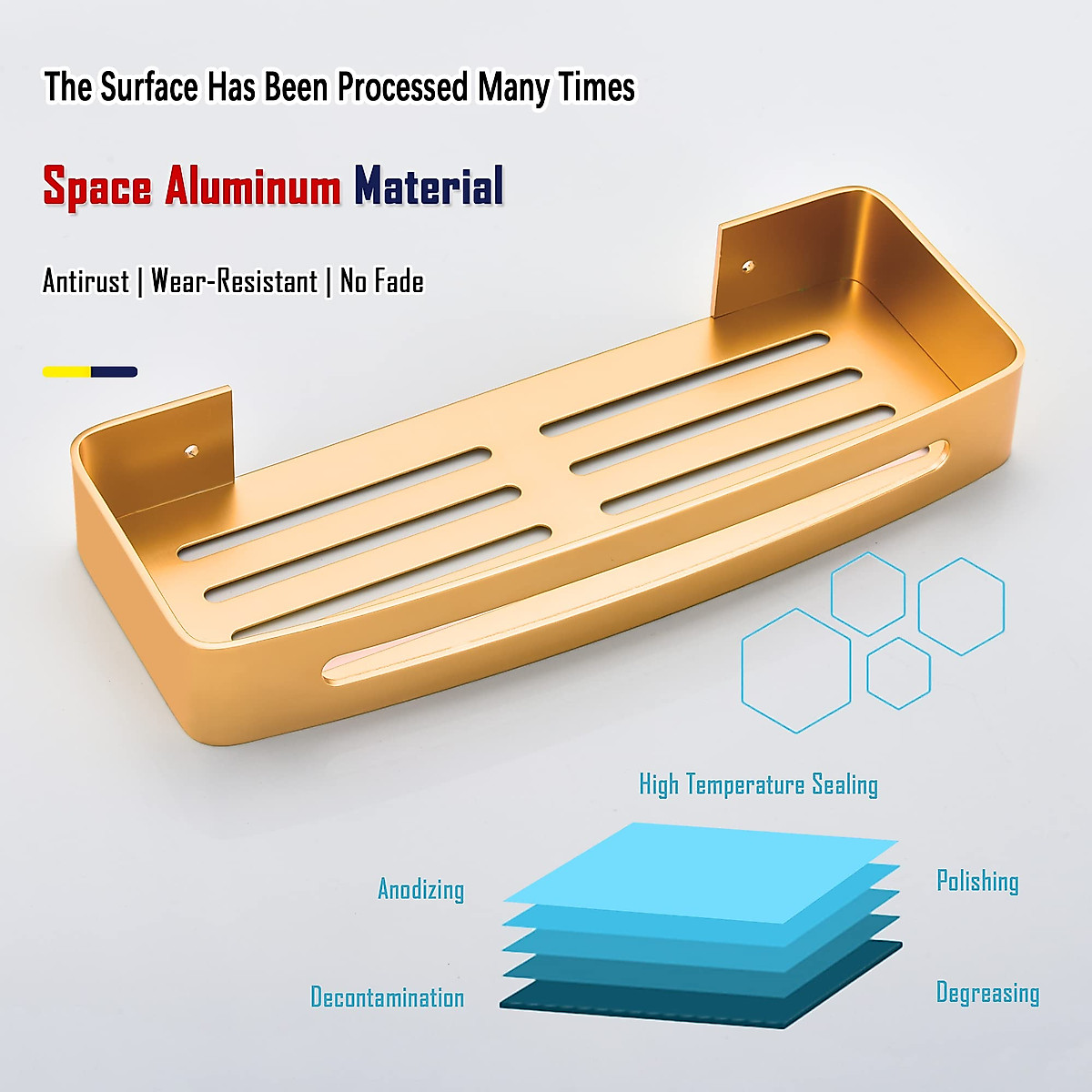 maifey Shower Caddy No Drilling, Champagne Gold Bathroom Wall Shelf Shower Shelves with Hooks, Metal Bathroom Shelf Organizer for Shampoo, Rust Proof (2 Tiers)