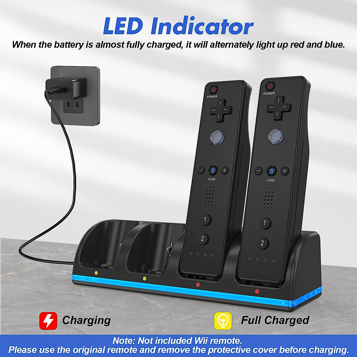 Remote Controller Charger for Wii/Wii U With 4 Pack 2800mAh Rechargeable Battery Pack, 4 Port Charging Station for Controller, Remotes Not Included