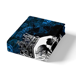 Manfei Gothic Skull Duvet Cover Set King Size, Skeleton Couple Comforter Cover with 2 Pillowcases, Blue Rose Flower Bedding Set 3pcs for Kids Boys Girls Adults Room Decor Lightweight Bedspread Cover