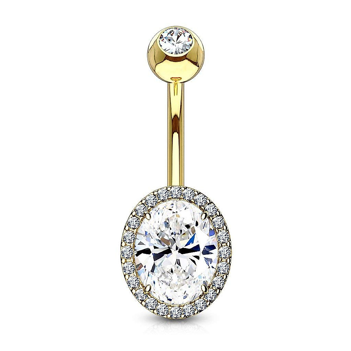 Forbidden Body Jewelry Surgical Steel Double Tiered Fancy CZ Oval Belly Button Ring with Large CZ Center, Clear (Gold Tone)