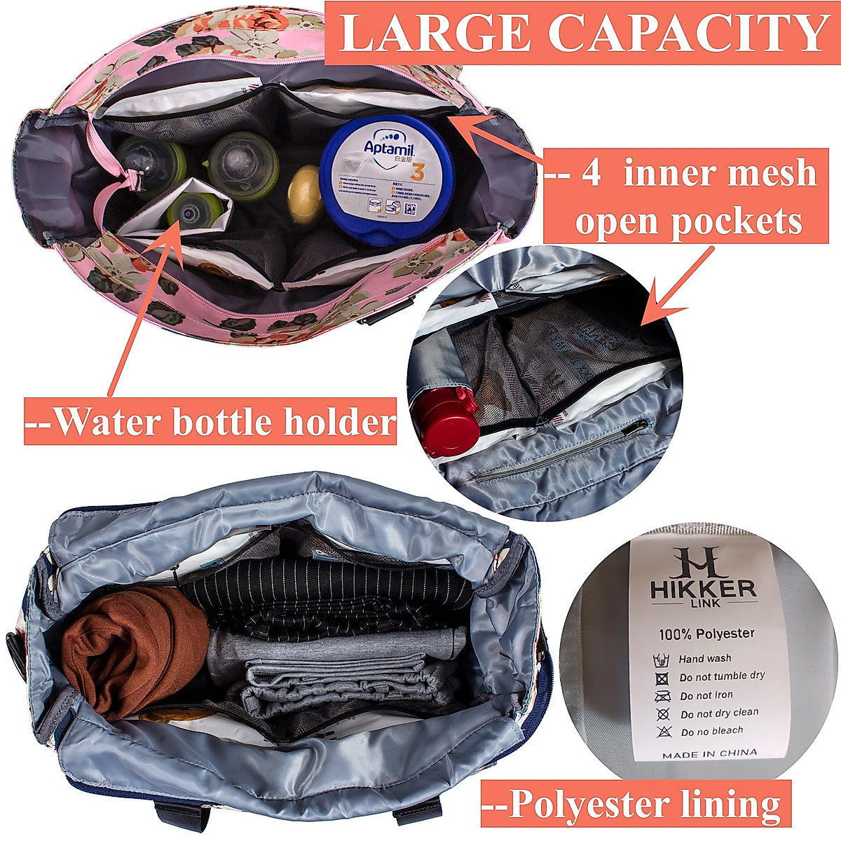 H HIKKER-LINK Womens Large Floral Waterproof Diaper Bag Weekend Bags Handbag for Mom Tote Bag Changing Pad Dark Blue