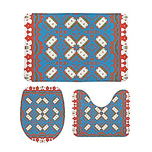 Bathroom Mat Rug Set Non Slip Including U-Shaped Contour Mat Toilet Seat Cover Talavera Design Red Floral Extra Soft Coral Fleece Memory Foam 3 Piece