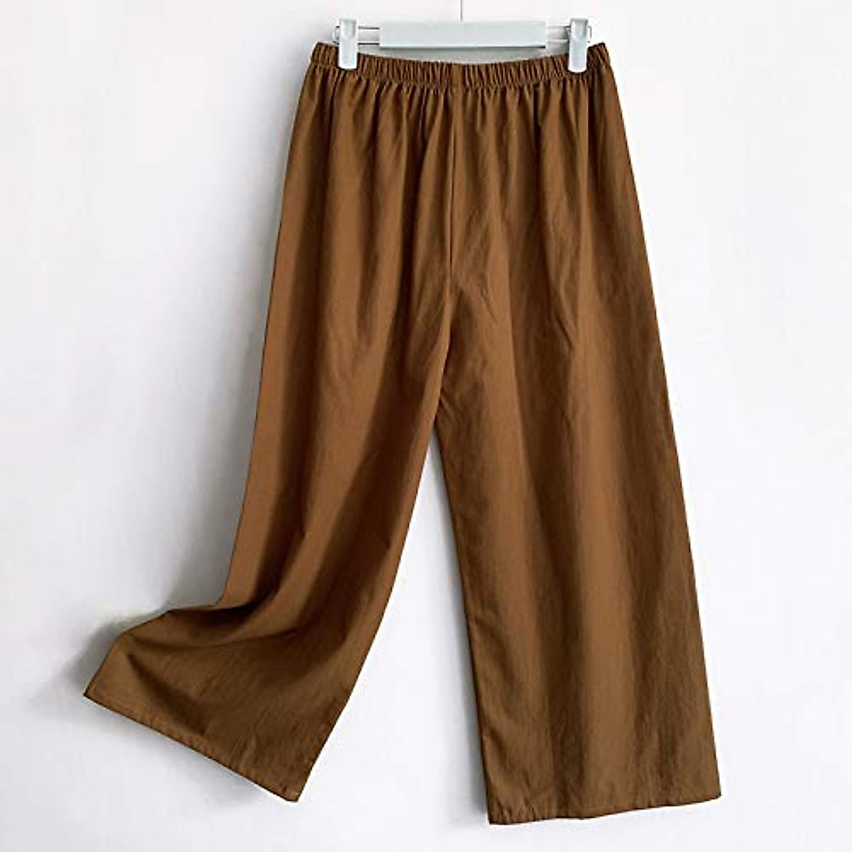 Sdeycui Women's Casual Solid Cotton Linen Pants Wide Leg Loose Fitting Trousers(Brown, L)