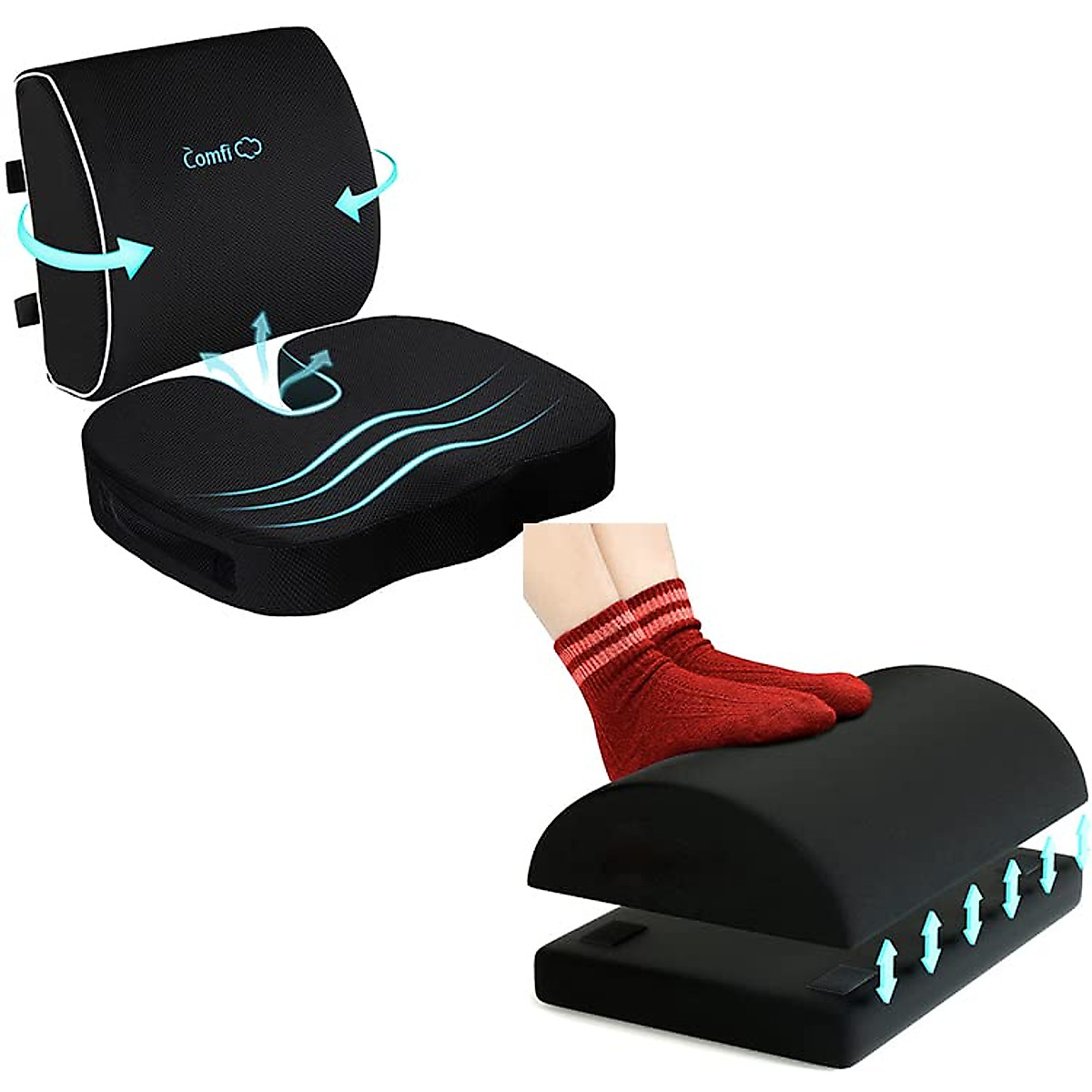 Coccyx Seat Cushion and Lumbar Support Pillow for Office Chair&Foot Rest for Under Desk at Work,Adjustable Foot Rest