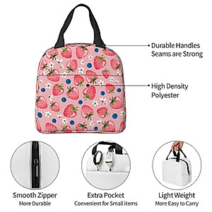 Cute Strawberry Blueberry Reusable Insulated Lunch Bag For Women Men Waterproof Tote Lunch Box Thermal Cooler Lunch Tote Bag For Work Office Travel Picnic