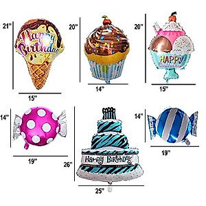 Happy Birthday Large Foil Balloon set - (6 pack) Cake, cupcake, ice cream cone, ice cream bowl, pink candy, blue candy by Par-T