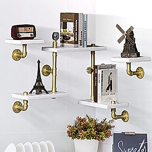 Industrial Retro Wall Mounted Iron Water Pipe Shelf/Bookcase/Shelving – Floating Shelf - Hung Bracket - DIY Storage Bookshelf – Height Adjustable Shelf - Wood Shelf (5-tier wall shelves, gold pipes)
