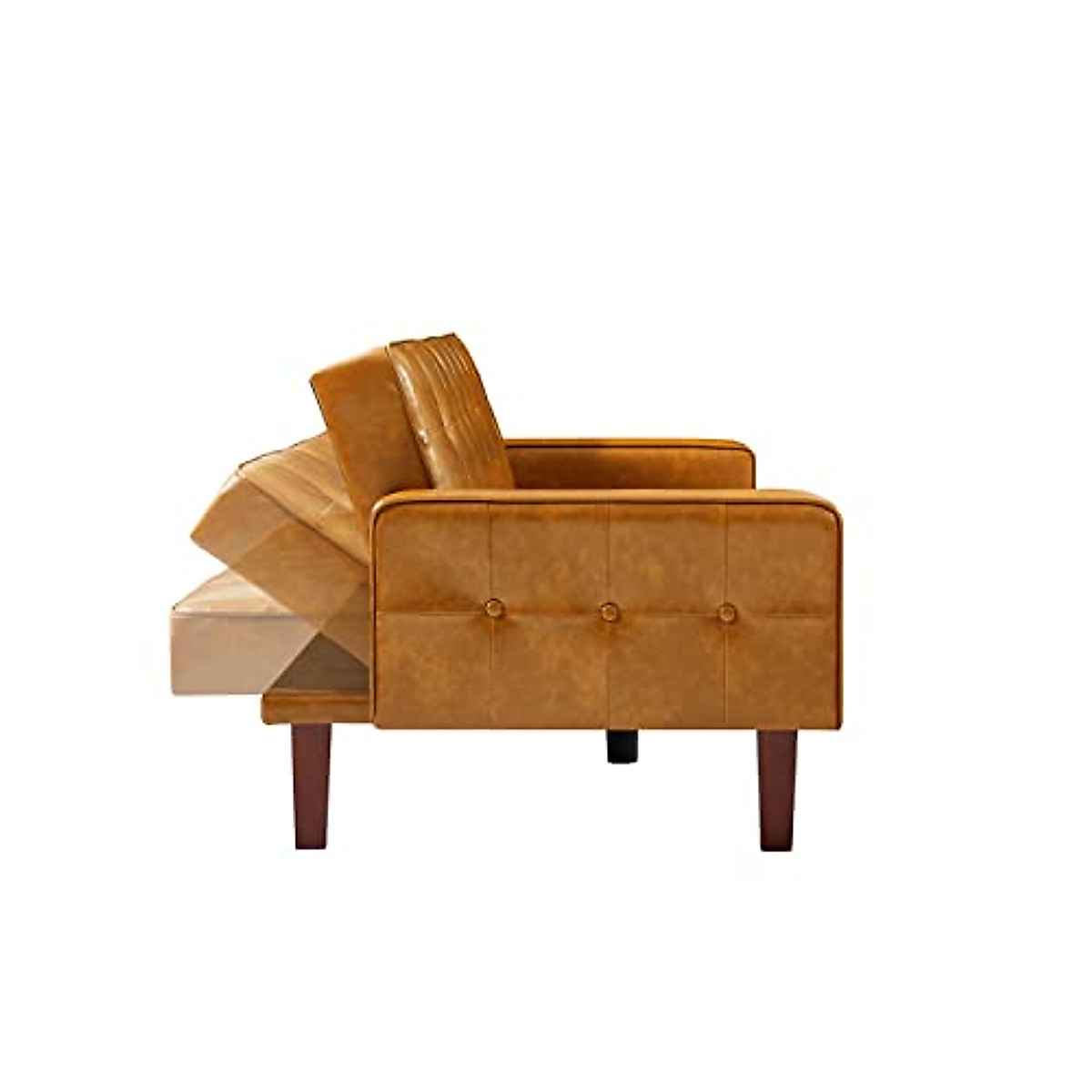 Eafurn 74.41" Faxu Leather Upholstered Futon Bed, Deep Button Tufted Convertible Folding Sleeper Solid Wood Legs, 3 Seater Comfy Soft Sofa & Couches for Living Room Office, Brown PU