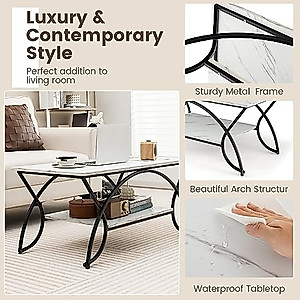 COSTWAY 2-Tier Coffee Table, Modern Faux Marble Accent Table with Storage and Gold Finished Metal Frame, Chic Rectangular End Table for Living Room Office Lounge (White+Black)