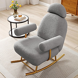 Tmosi Nursery Rocking Chair Sherpa Upholstered Glider Rocker, with Adjustable Headrest and Round Armrests, Leisure Glider Chair for Living Room, Bedroom (Grey)
