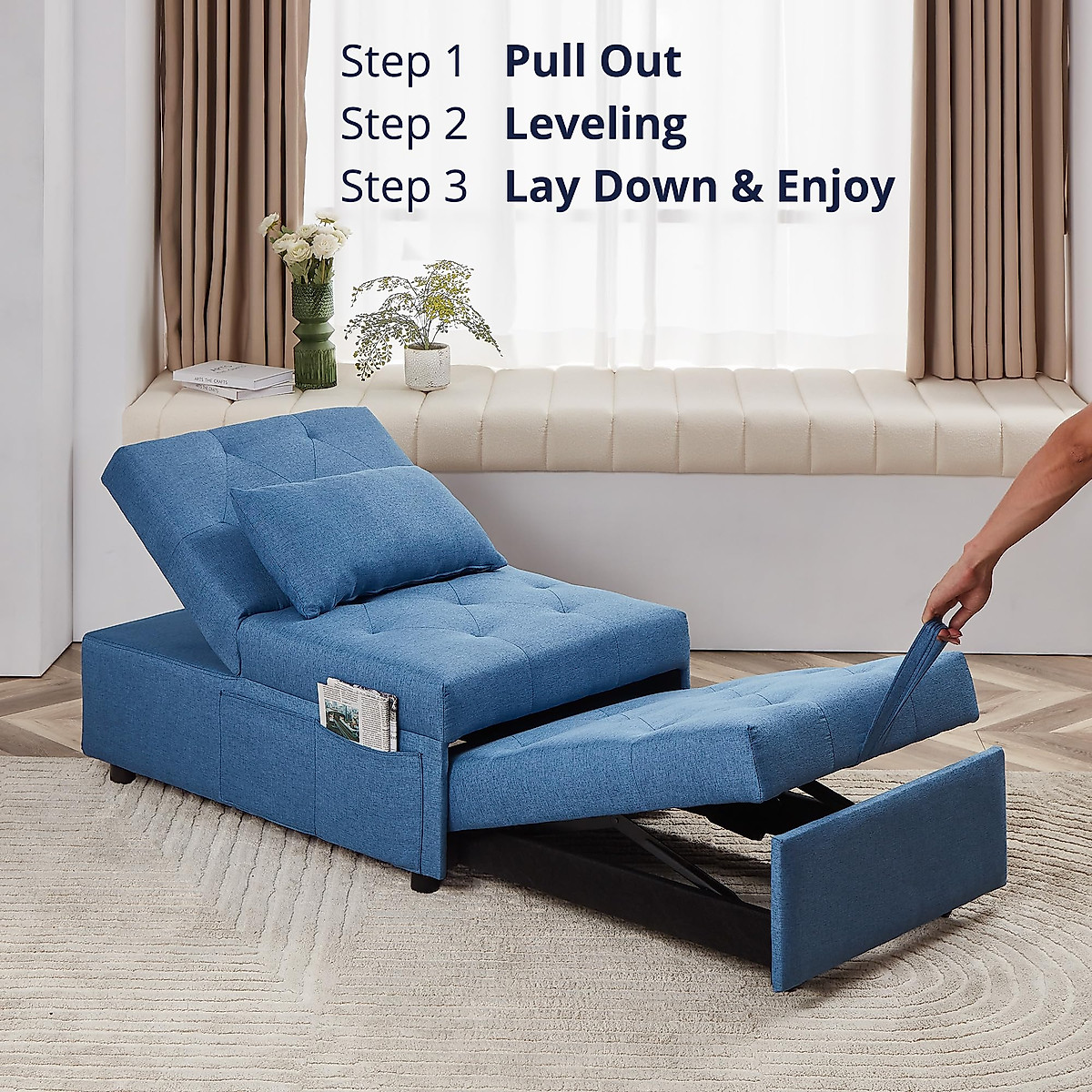 Cozy Castle Sleeper Chair, Convertible Chair Bed, 4 in 1 Ottoman Bed, Pull Out Sofa Bed, Linen Fabric Chaise Lounge, for Living Room/Small Apartment, Dark Grey