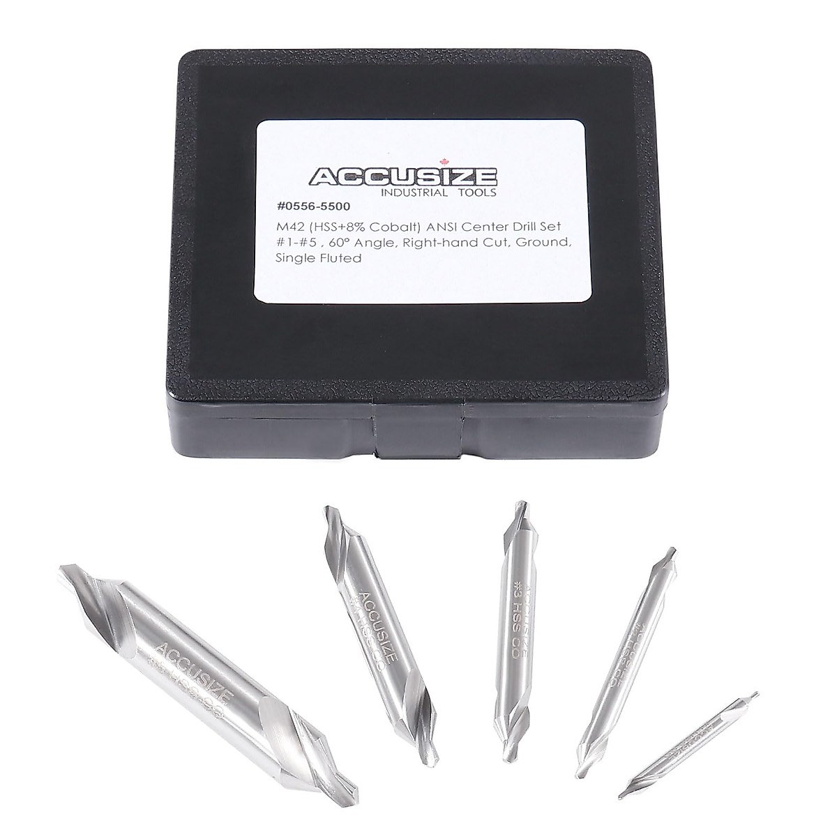 Accusize Industrial Tools 5pc ANSI M42 (H.S.S. + 8% Cobalt) Center Drill Set, 0556-5500