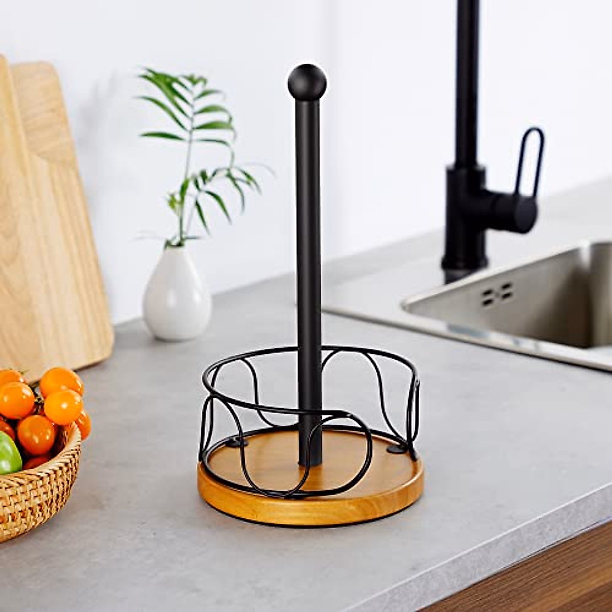 ZUNTO Paper Towel Holder Countertop - Farmhouse Paper Towel Holder, Wood Stand Paper Towel Holder for Kitchen & Dining Table, with Heavy Duty Wood Base Easy One-Handed Tear