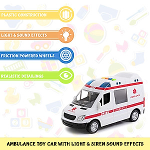 Toy To Enjoy Ambulance Toy Car with Light & Siren Sound Effects - Friction Powered Wheels & LED Lights - Medical Transport Emergency Vehicle, Heavy Duty Plastic Rescue Vehicle Toy for Kids & Children