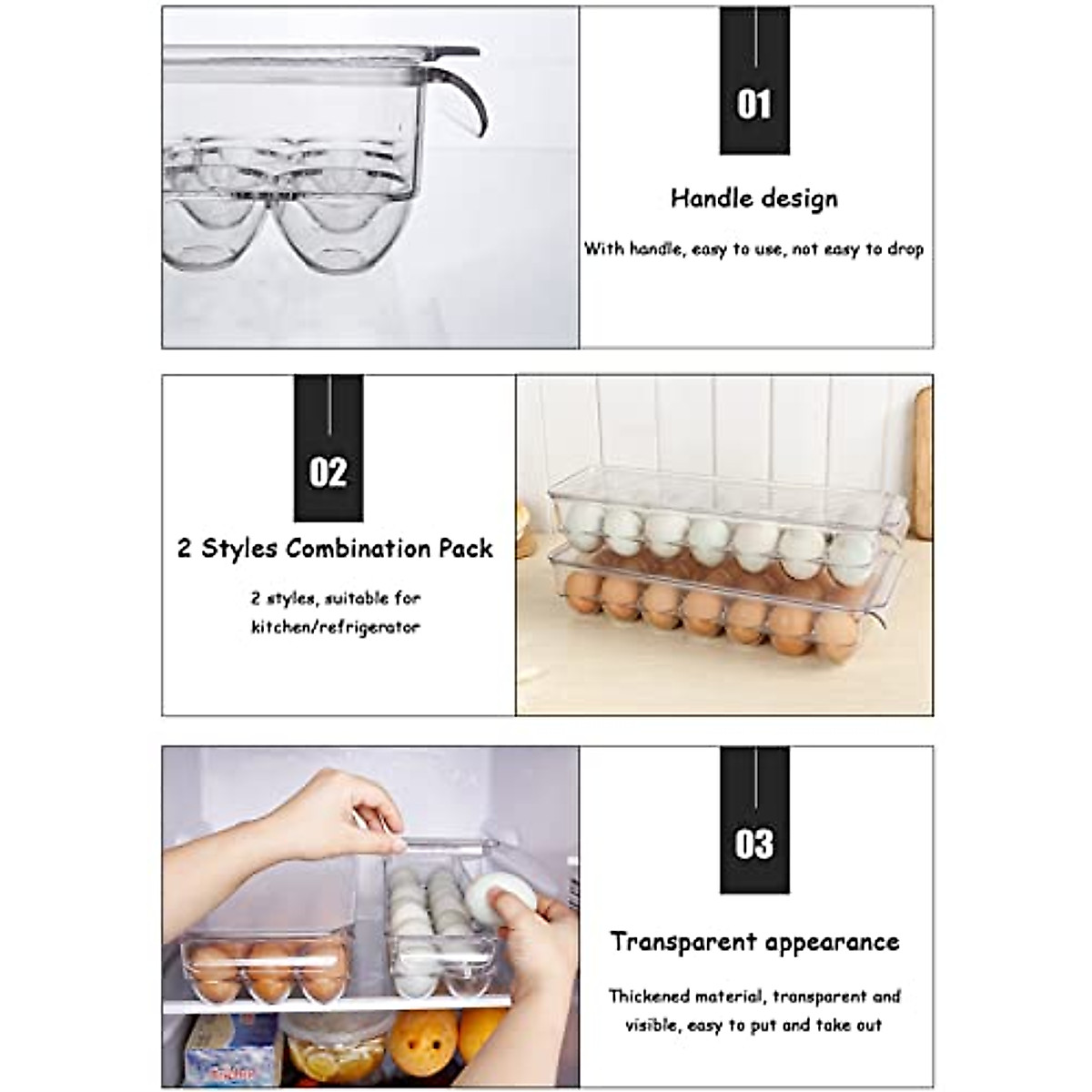 BELWAD 2 Pack Clear Food Grade PET Egg Holder with Lids & Handle,Large Capacity Stackable Fridge Egg Organizer Bin,Fits 14/21 Eggs,Transparent