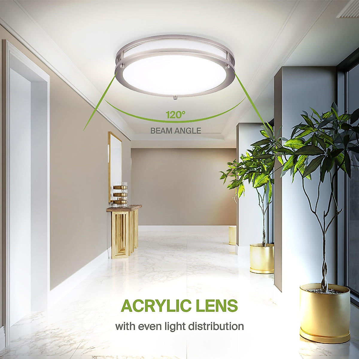 ASD LED 12 Inch Round Flush Mount Light Fixture | 20W 1600LM 3000K-5000K 100-277V | 3CCT, Dimmable, Energy Star, ETL Listed | Close to Ceiling Double Ring Lamp, Low Profile Lighting | Nickel