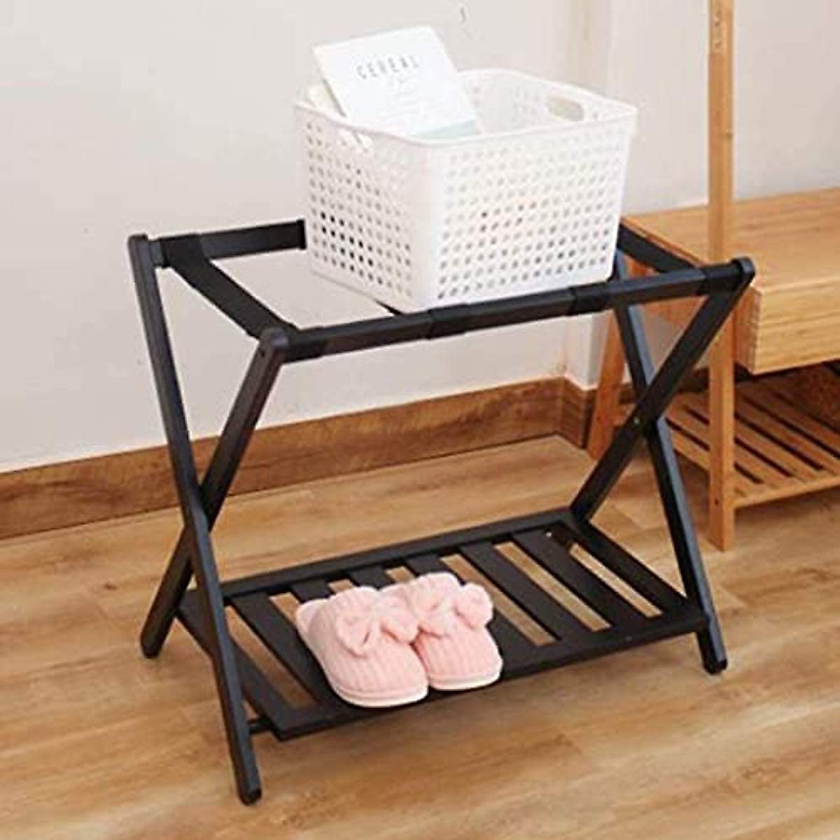 HAVMAK Guest Room Luggage Rack, Folding Suitcase Stand Luggage Rack, Double-Layer Luggage Rack, Hotel Luggage Rack, Folding Bedroom Storage Rack to Save Space (Color : Black, Size : 68x40x58cm)