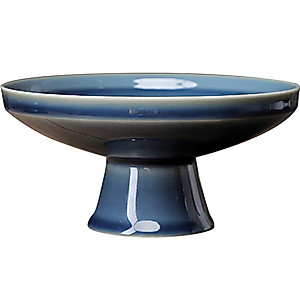 Pearlead Ceramic Footed Bowl Round Pedestal Bowl Decorative Fruit Bowl Holder Dessert Display Stand for Kitchen Counter Centerpiece Table Decor Serving Fruit Tray Large Blue