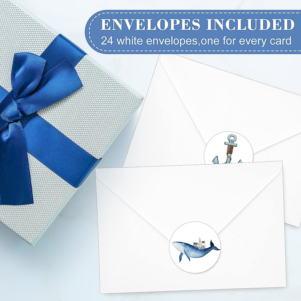 AnyDesign Cruise Staff Thank You Cards Set with Stickers Envelopes 24 Pack Blue Nautical Thank You Note Cards for Express Thanks to Ship Staff Birthday Baby Shower Party, 4 x 6 Inch