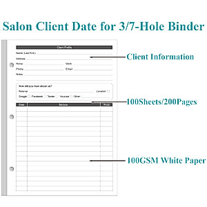 A5 Stylist Binder Insert Cards - 3-Hole Client Profile Cards for Hair Stylist, Salon, Spa, Hairdresser, 100 Sheets/200 Pages Business Data Client Card, 5.8''×8.3''