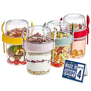 Crystalia Yogurt Parfait Cups with Lids, Large Breakfast On the Go Plastic Bowls with Topping Cereal Oatmeal Salad or Fruit Container with Spoon for Snack Box, Reusable Set of 4 (Large 22 oz)