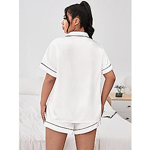 MakeMeChic Women's Plus Size Satin Button Down Pajama Set Silk Short Sleeve Sleepwear White 4XL
