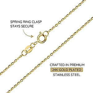KISPER 24k Gold Cable Link Chain Necklace – Thin, Dainty, Gold Plated Stainless Steel Jewelry for Women & Men with Spring Ring Clasp, 30”