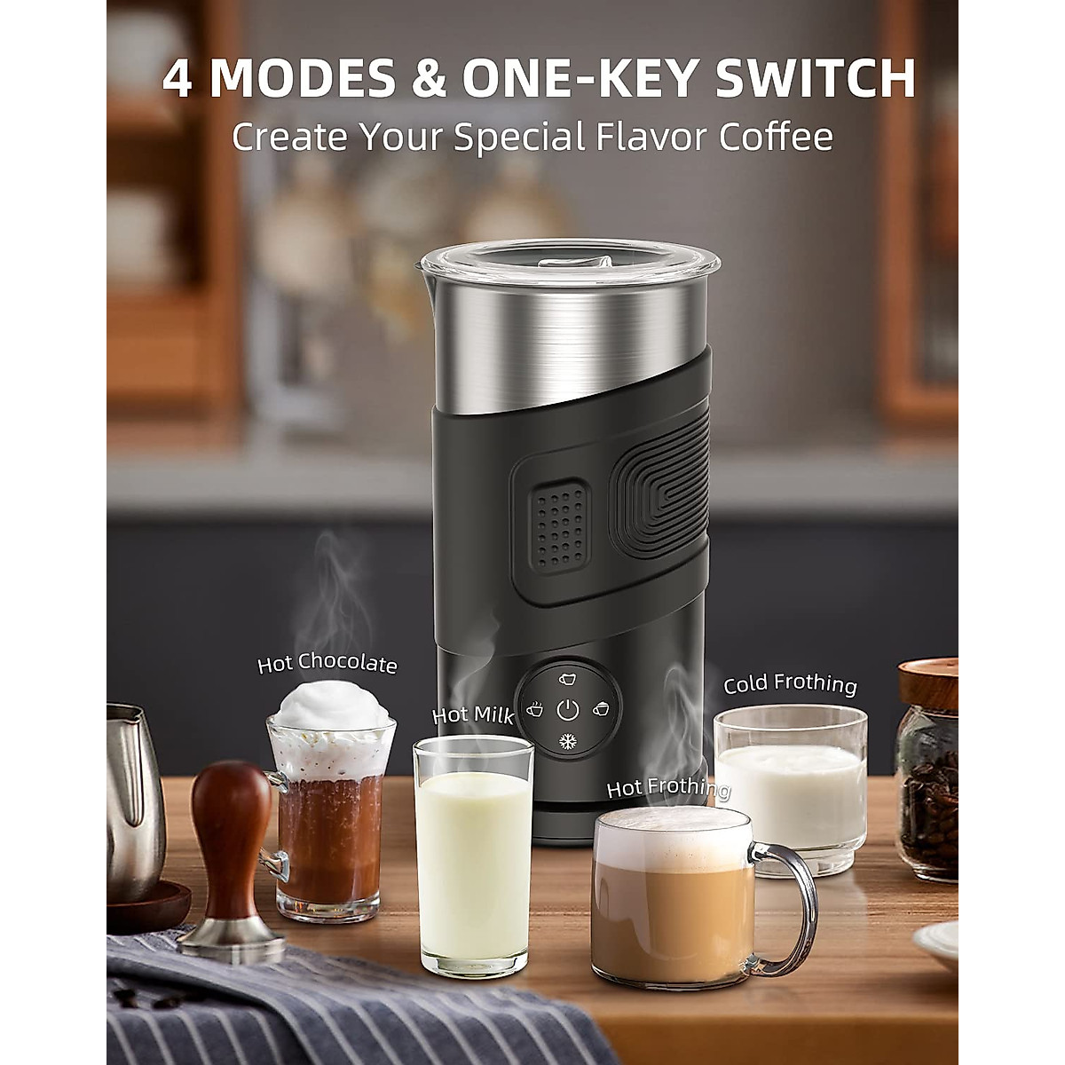 4 in 1 Electric Milk Frother and Steamer, Milk Warm Frother for Hot Chocolate, Latte, Cappuccino, Stainless Steel Automatic Hot Cold Foamer-Coffee Steamer Foam Maker