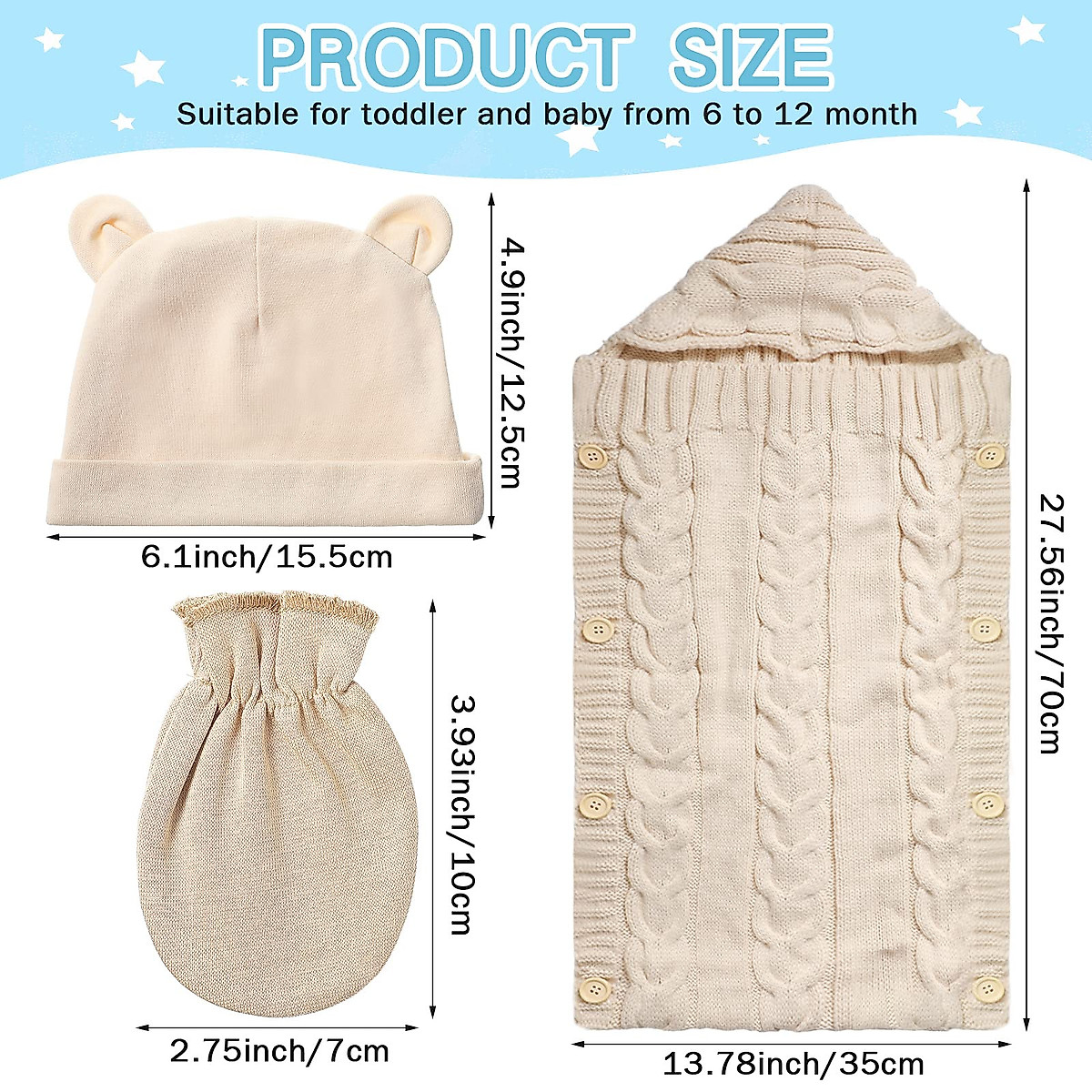 Newborn Baby Wrap Blanket Knit Sleeping Bag Receiving Blankets Stroller Wrap Newborn Baby Hat Bear Ears Infant Caps and Baby Mittens Gloves Gift for Christmas for 9-12 Months Boys Girls(Light Gray)