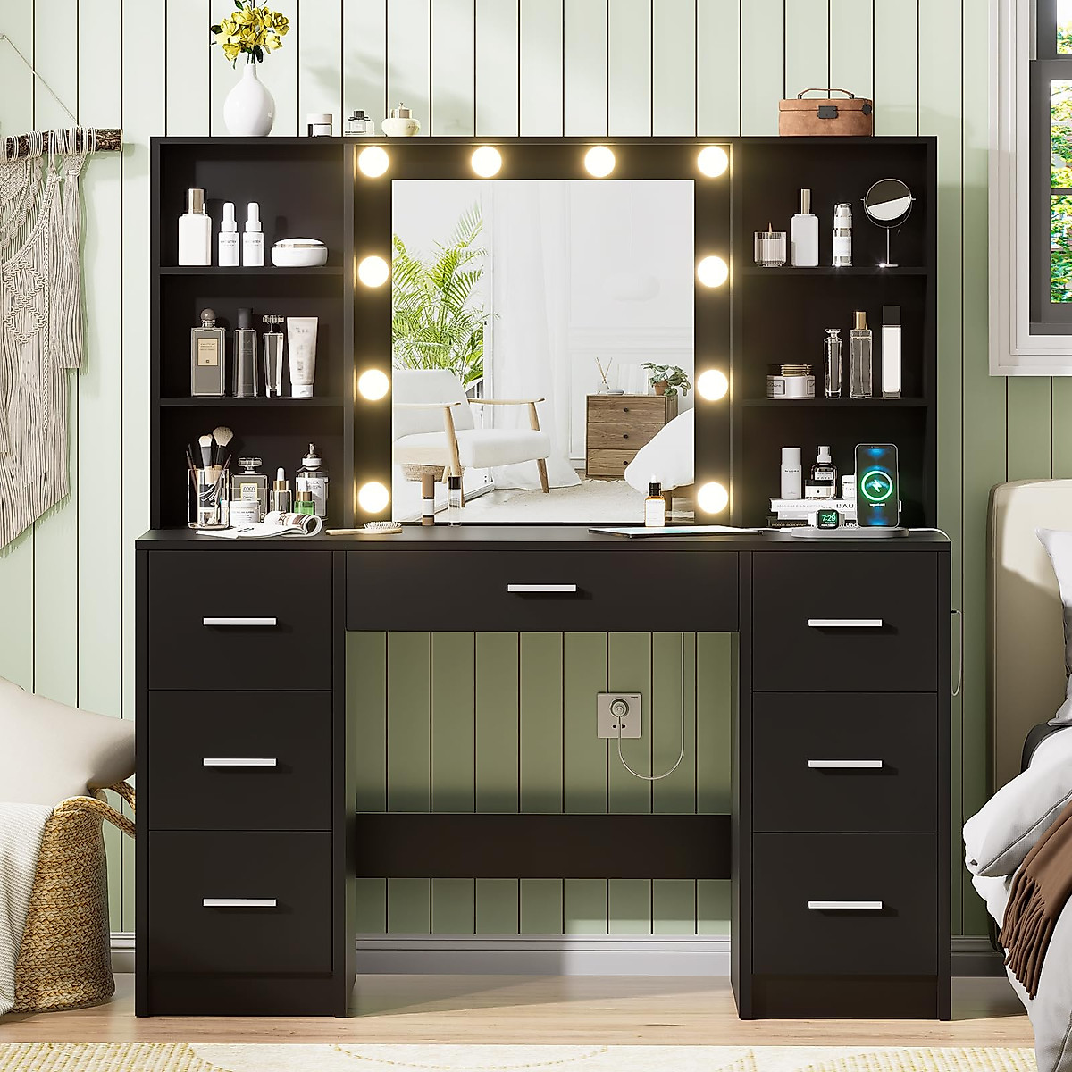 DINGIPP Large Vanity Desk with Mirror, 10 Lights and Power Outlet, Makeup Vanity with Shelves and 7 Drawers, Vanity Desk Dressing Table with 3 Color Light Adjustable, Vanity Table for Bedroom (Black)