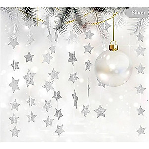 Glitter Silver Paper Star Hanging Garland - Twinkle Star Banner for Baby Shower Backdrop, Birthday Party Wall Decoration, 2.8", Totally 23 ft/7m