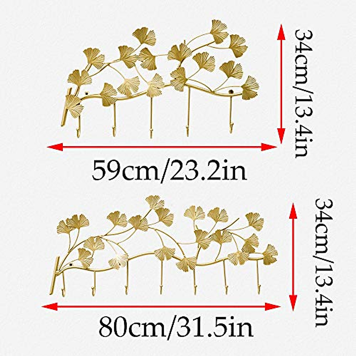 JWZQ Coat Hooks for Wall Mounted, 1x Iron Hook Coat Rack, Ginkgo Biloba Gold Coat Hooks, for Clothes, Hats, Robes, Purse, Towels, 5/7 Hook