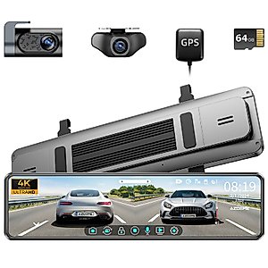 AZDOME 12" Mirror Dash Cam with 4K Detached Front Camera, Rear View Mirror Camera with Sony IMX335, WDR Night Vision, GPS, IPS Full Touch Split Screen, Free 64GB Card, Parking Assistance PG18S