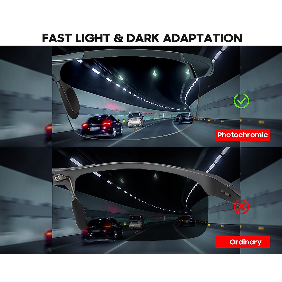 TJUTR Mens Polarized Photochromic Sunglasses Day & Night Driving Glasses Anti Glare | Ideal for Low to Medium Light Condition (Metal Gun/Grey Photochromic Polarized Lens)