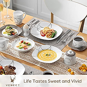 VEWEET, Series Nikita, 50-Piece Dinnerware Sets for 6, Including Porcelain Plates Sets, Bowls, Mugs, Egg Cups, Cup and Saucer Set, Milk Jug and Sugar Pot Set, Microwave and Dishwasher Safe
