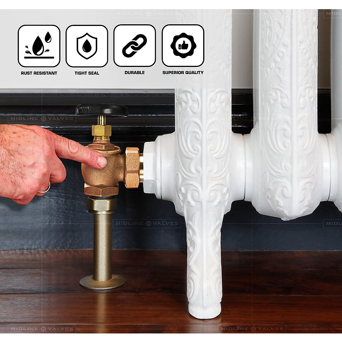 Midline Valve 6I342 Steam Radiator Valve; Air Vent Temperature Control; 1 in. FIP x Male Union; Brass