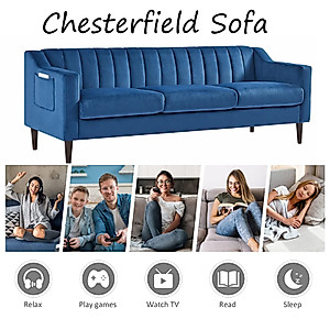 3 Seater Velvet Chesterfield Sofa, 77" Mid-Century Tufted Comfortable Upholstered Sofa Couch with Storage Side Pocket for Living Room Bedroom Office Apartment (Blue)