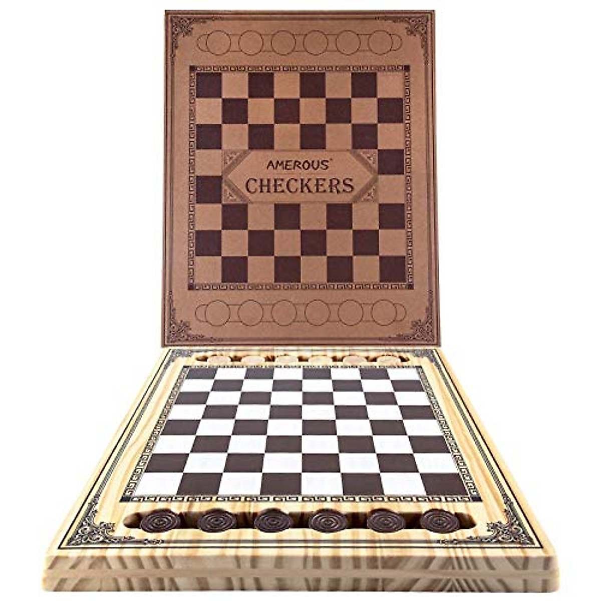 AMEROUS Wooden Checkers Set, Checkers Board Game with Storage Grooves - 24 Checkers Pieces - Gift Box Packed, Classic Board Games for Kids, Adults