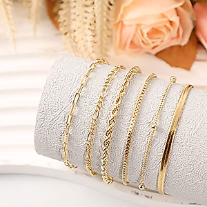 LEXODY Gold Bracelets for Women 14K Gold Herringbone Bracelets Sets Dainty Herringbone Jewelry Stackable Figaro Chain Paperclip Link Chain Cute Anklet Bracelet Pack Gifts for Women Girls