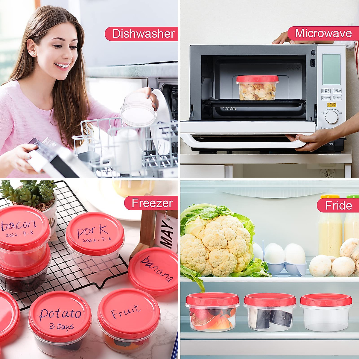 Sieral 36 Pack 8 oz/ 250 ml Reusable Small Plastic Freezer Storage Container Twist Top Deli Jars with Screw Lid for Food Round Wide Mouth Lunch Snacks Cup, Freezer Dishwasher Safe (Red)