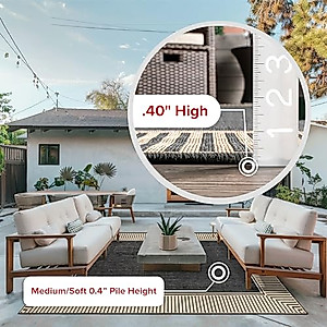 nuLOOM 7' Round Outdoor Area Rug, Casual Design With Striped Border, Stain Resistant, Highly Durable, For Patio, Balcony, Bedroom, Living Room, Dining Room, Bathroom, Dark Grey