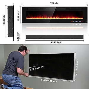 BREEZEHEAT 72inch Electric Fireplace Recessed Wall Mounted-Ultra Thin Fireplace Heater for Living Room/Bedroom with 2 Heat Vents, Remote Control, Touch Screen, Adjustable Flame, 8H Timer, 750w/1500w