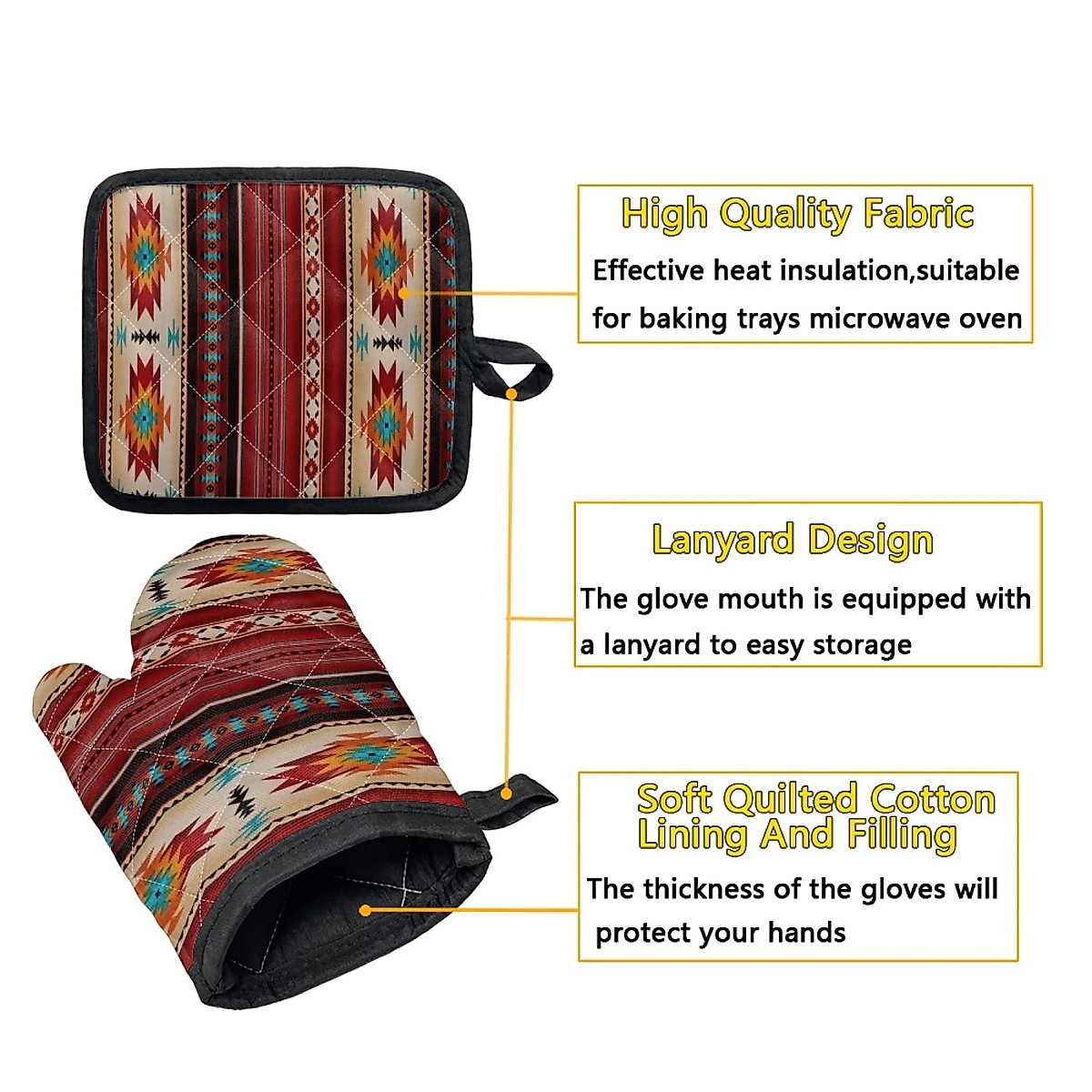 JOAIFO Southwest Nativa Oven Mitts and Pot Holders Sets, Tribal Aztec Pattern Heat Resistant & Non-Slip Oven Mitts with Potholder Fashion Kitchen Cotton Cooking BBQ Gloves