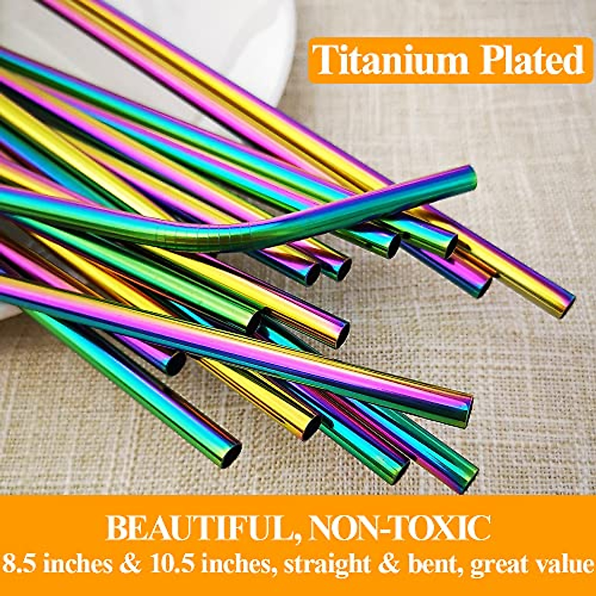 Lazycorner 16 Metal Straw Reusable Straws 8.5" 10.5" 6mm Stainless Steel Straws for Tumblers 20oz-32oz, Rainbow Drinking Straws with Silicone Tips, 4 Straw Cleaner Brush, 1 Travel Case