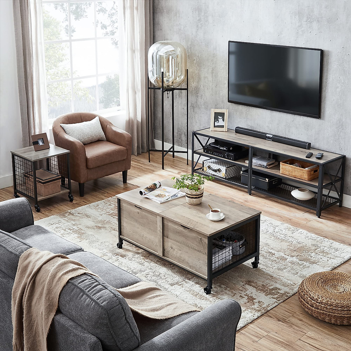 VASAGLE Coffee Table, Living Room Table with Flip Tops, 2 Hidden Compartments and Casters, Storage Cabinet, for Living Room, Bedroom, Industrial, 39.4 x 21.7 x 17.7 Inches, Greige and Black ULCT231B02