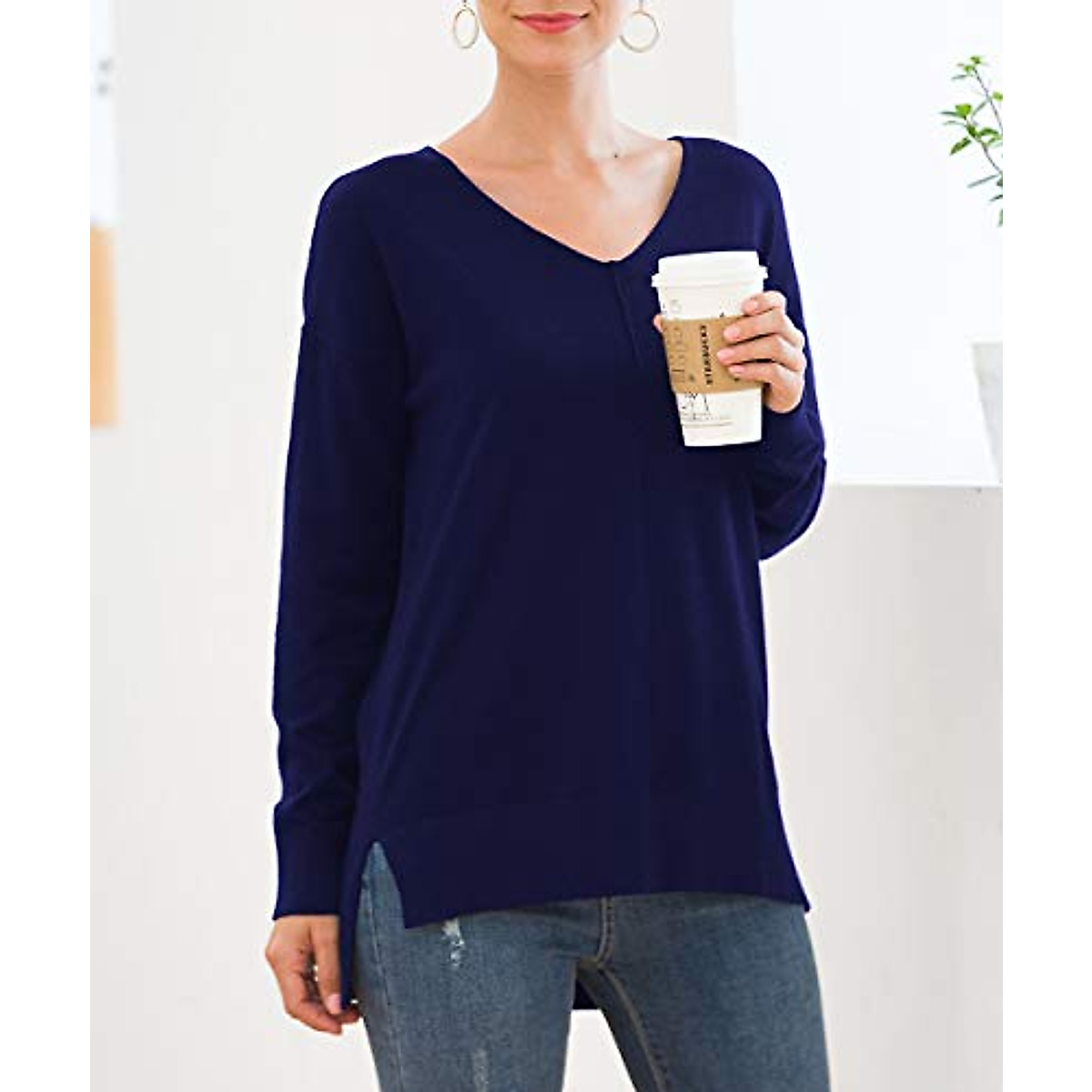 Jouica Women's Casual V Neck Long Sleeve Knit Top Loose Pullover Sweater,Navy Blue,Large