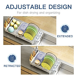 PXRACK Dish Drying Rack, Expandable(19.1"-26.9") Large Capacity Dish Rack and Drainboard Set, Stainless Steel Dish Drainers with Utensil Holder for Kitchen Counter, White