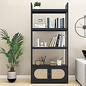4 Tier Modern Bookshelf with Cabinet, Tall Bookcase with Woven Cane Doors, Freestanding Wood and Metal Display Shelf Unit for Living Room, Bedroom, Office (31.5" W x 11.8" D x 70.8" H, Black)