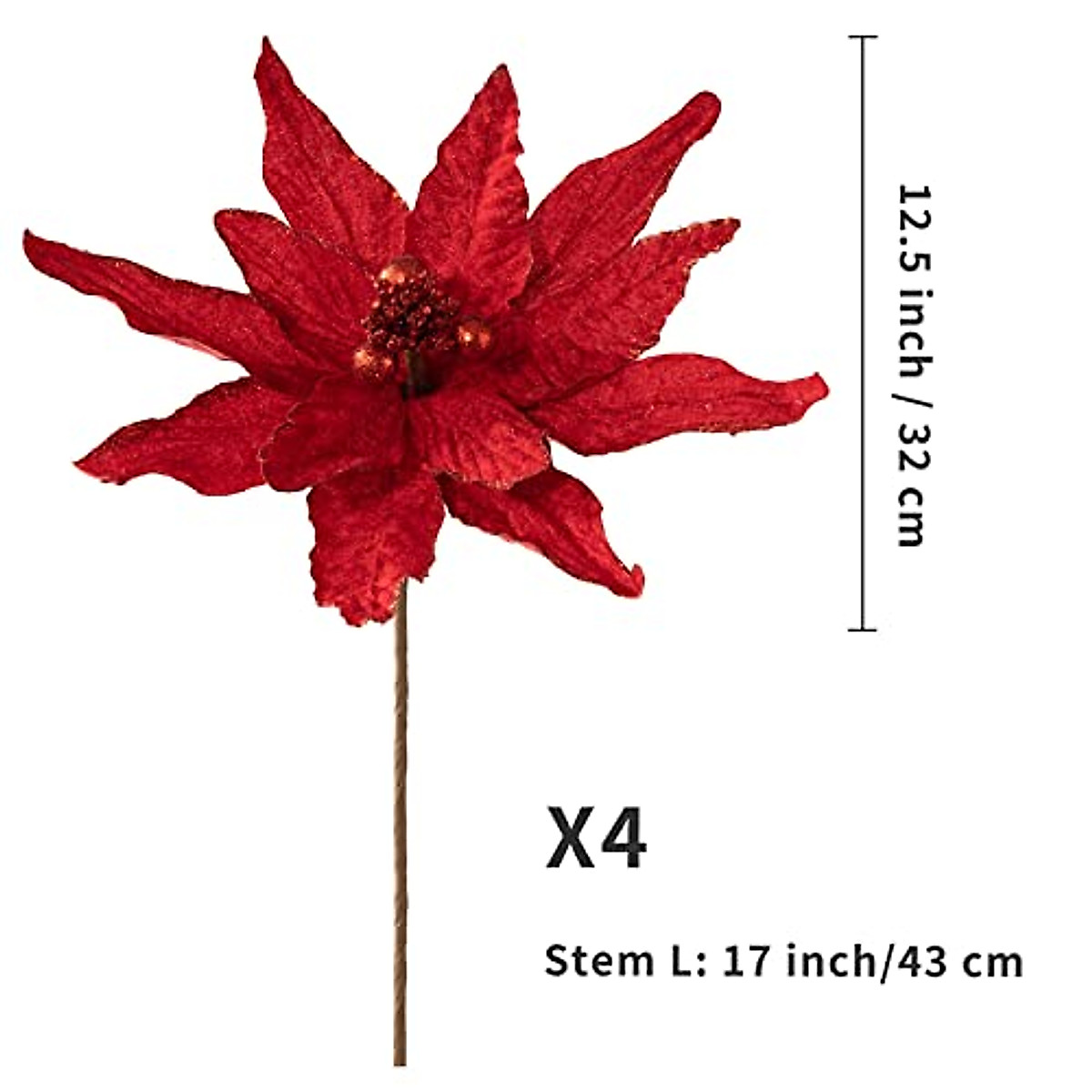 Wesail Christmas Tree Picks, Xmas Stem Red Poinsettia Flowers for Holiday Decorations, Buffalo Check Pattern Ornament for Xmas Tree Topper Decor, 4pcs per Pack